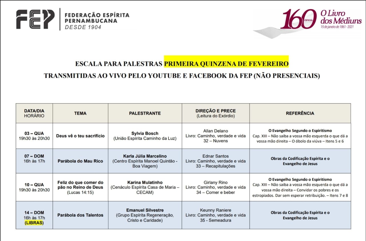 Agenda de palestras FEP com transmissão ao vivo (sem público presencial ...